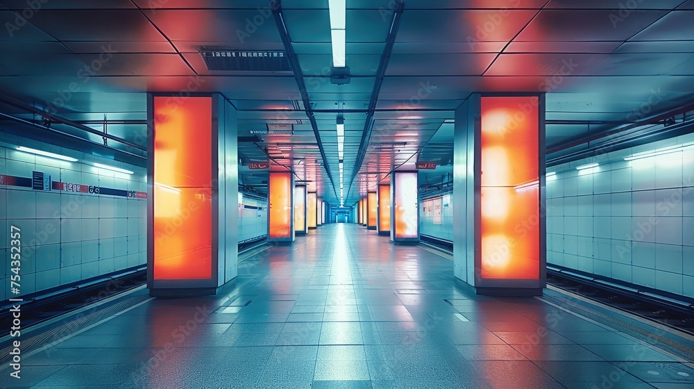 In the subway building with a plain concrete design style, there is an ...