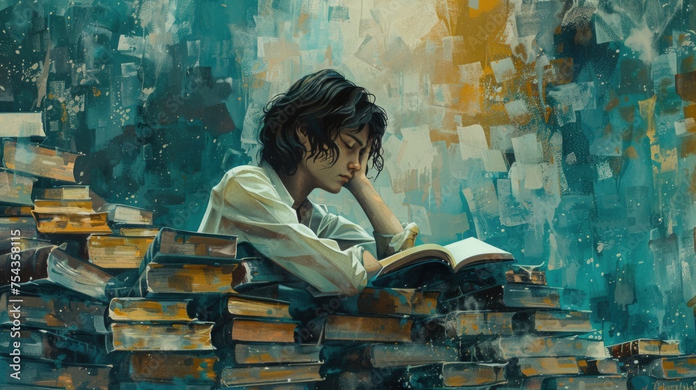 Immersed in a world of knowledge, surrounded by towering stacks of ...