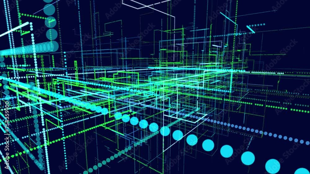 Hi-tech info technology. Glow green particles form lines. Info concept ...