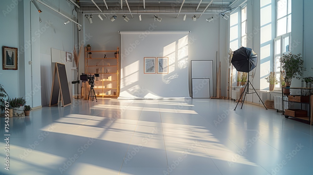 Professional photo studio with shadowless wall, photography equipment ...