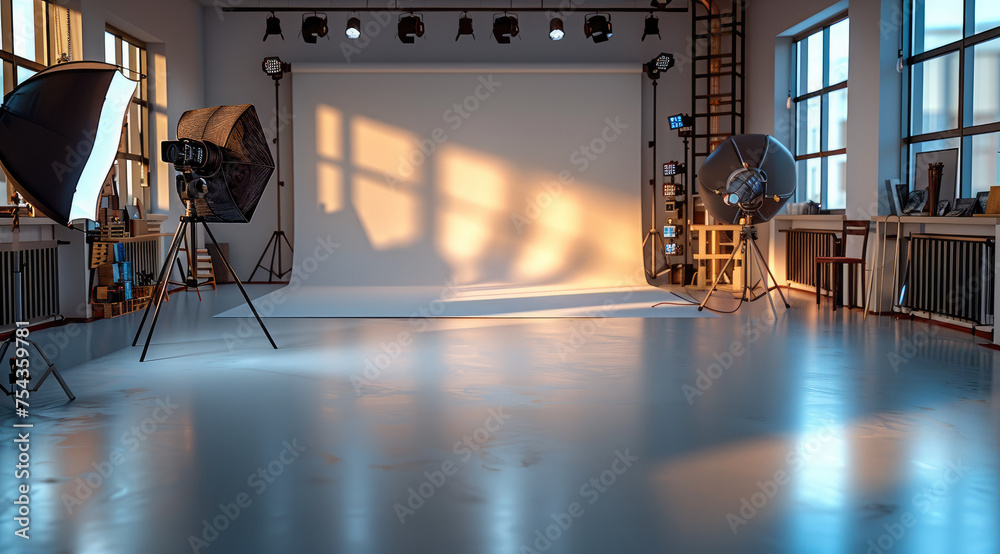 Professional photo studio with shadowless wall, photography equipment ...