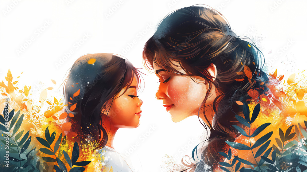 Heartwarming digital art of a mother and child with a vibrant floral ...