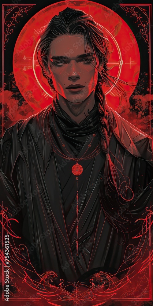black and red cyberpunk neon tarot card design of a young androgynous ...
