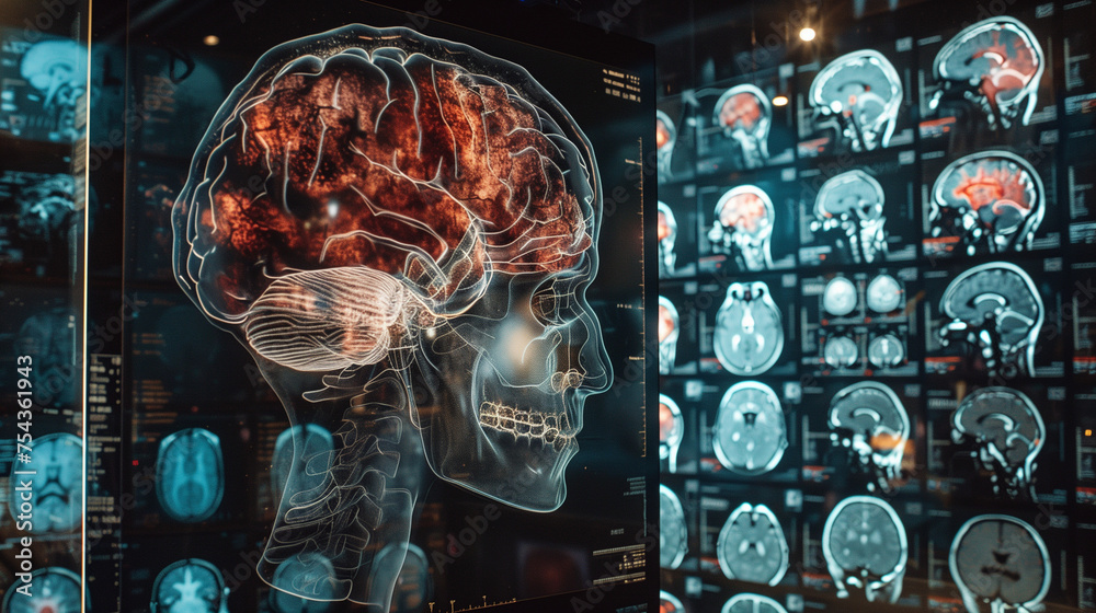 Human head on CT scan with brain background. Overlay on old paper ...
