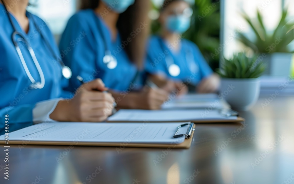 Diverse group of nurses in uniform sitting together around a table ...
