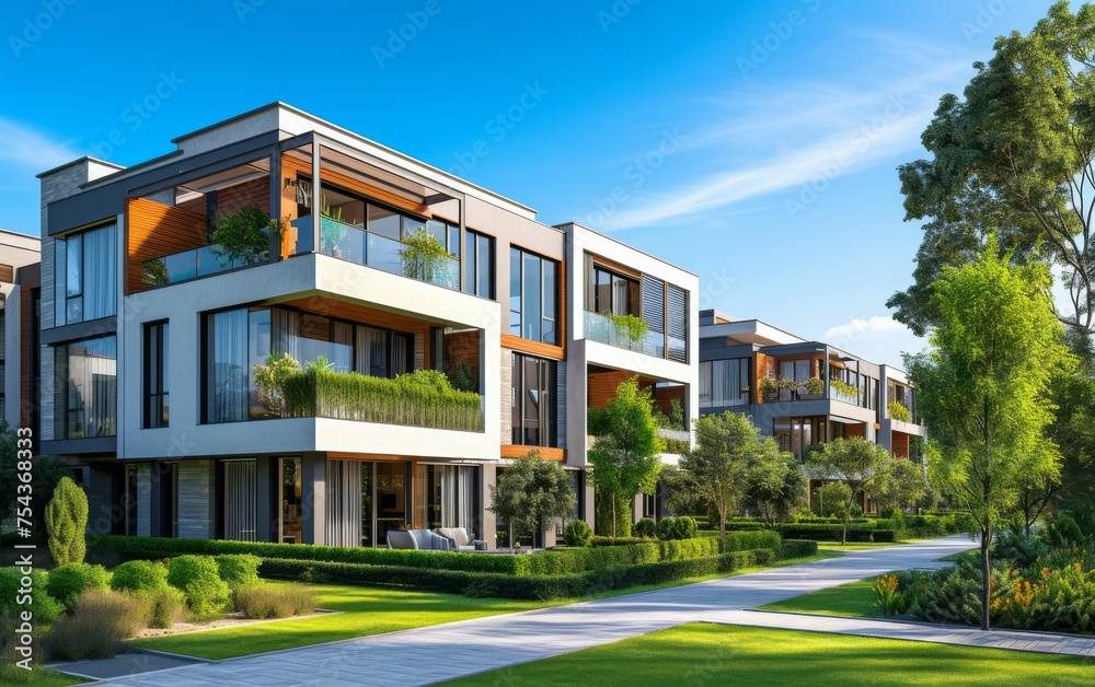 A row of multi-story apartment buildings with balconies, showcasing ...