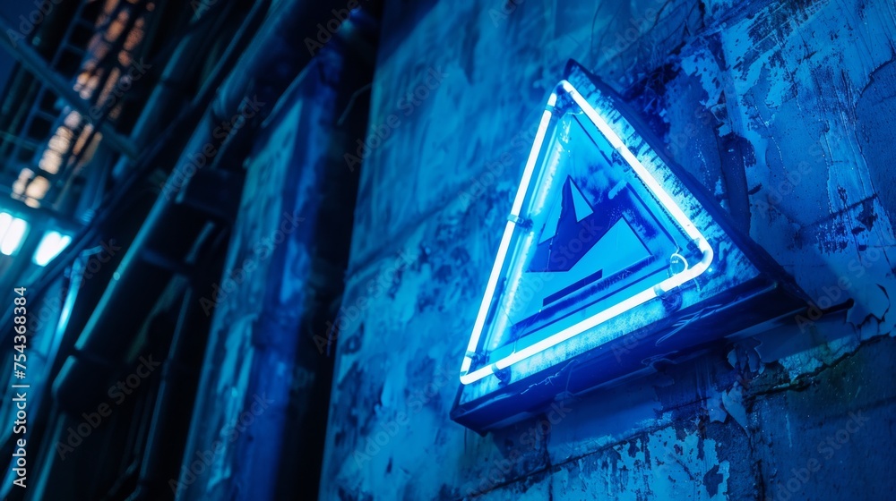 Triangular neon road sign attention with exclamation mark from post ...