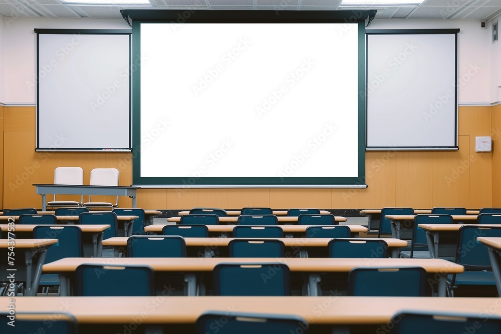 A classroom smartboard mockup with a blank screen, in a modern ...