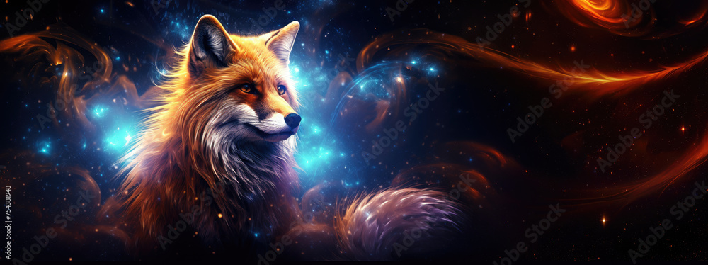 Red fox against cosmic background with space, stars, nebulae, vibrant ...
