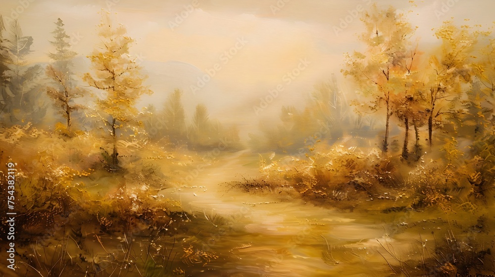 Autumn Forest Path Oil Painting with Golden Hues and Misty Atmosphere ...
