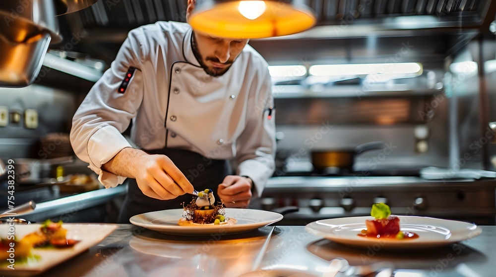 Chef Plating Culinary Masterpiece in Restaurant Kitchen, To showcase ...
