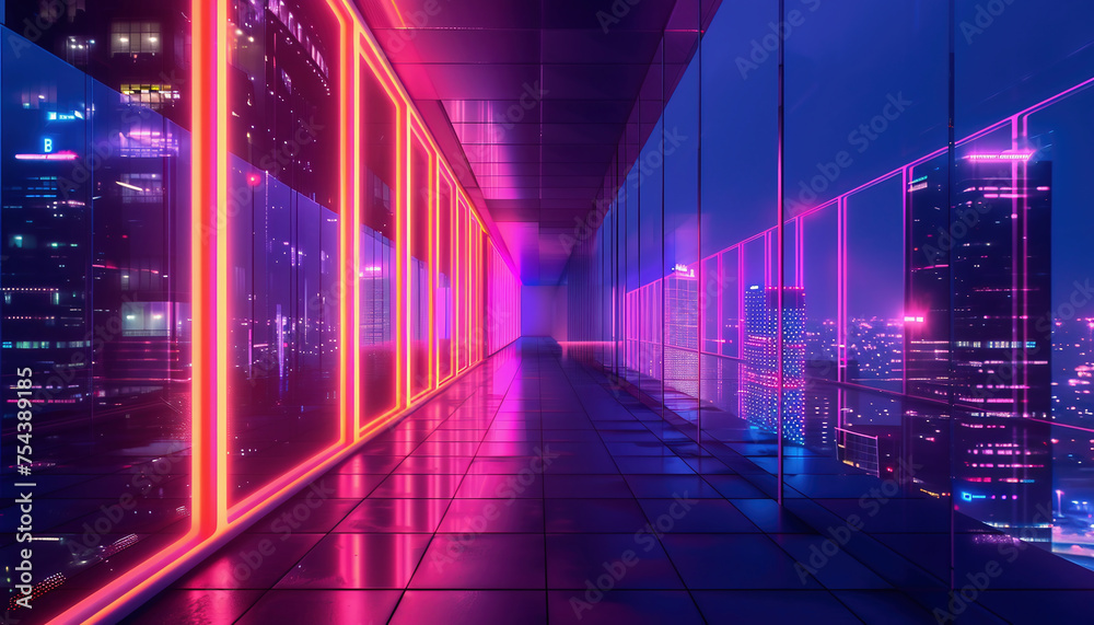 Night city street scene. Office buildings, neon lights, business center ...