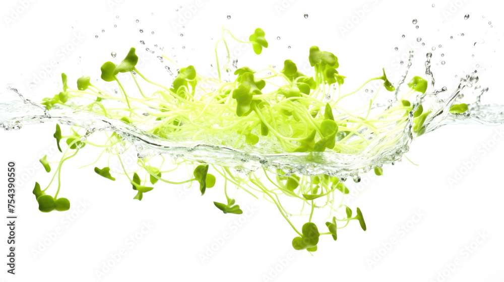 Alfalfa sprouts sliced pieces flying in the air with water splash ...