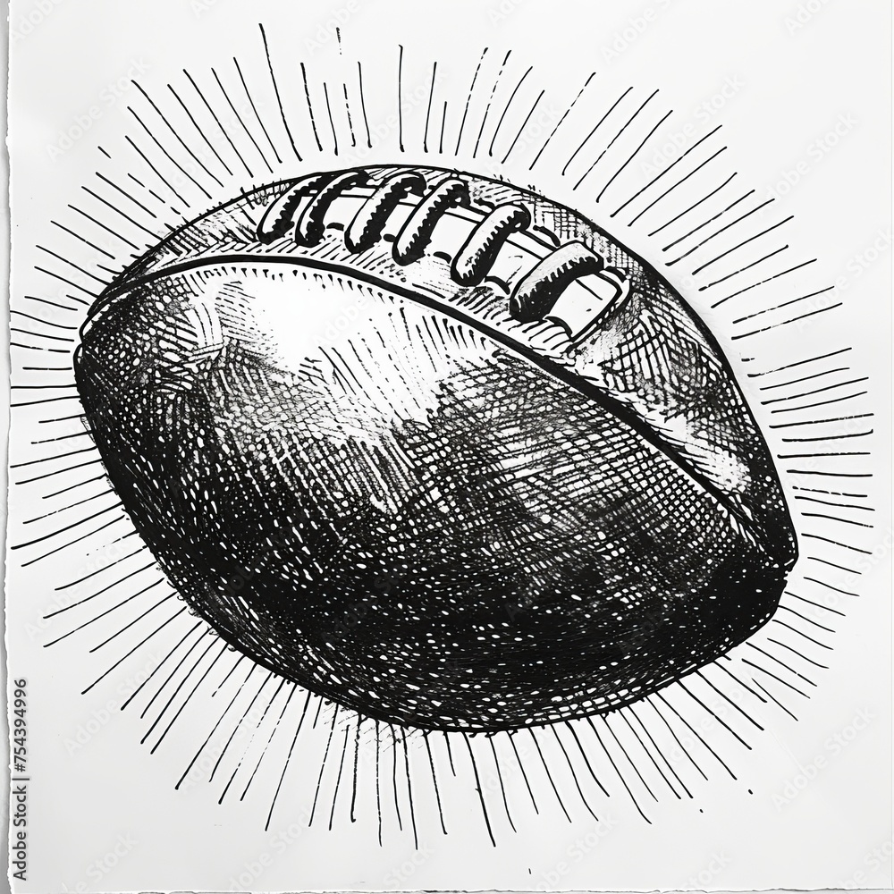football drawn with pen and ink, monochromatic, the lines are rich, and ...