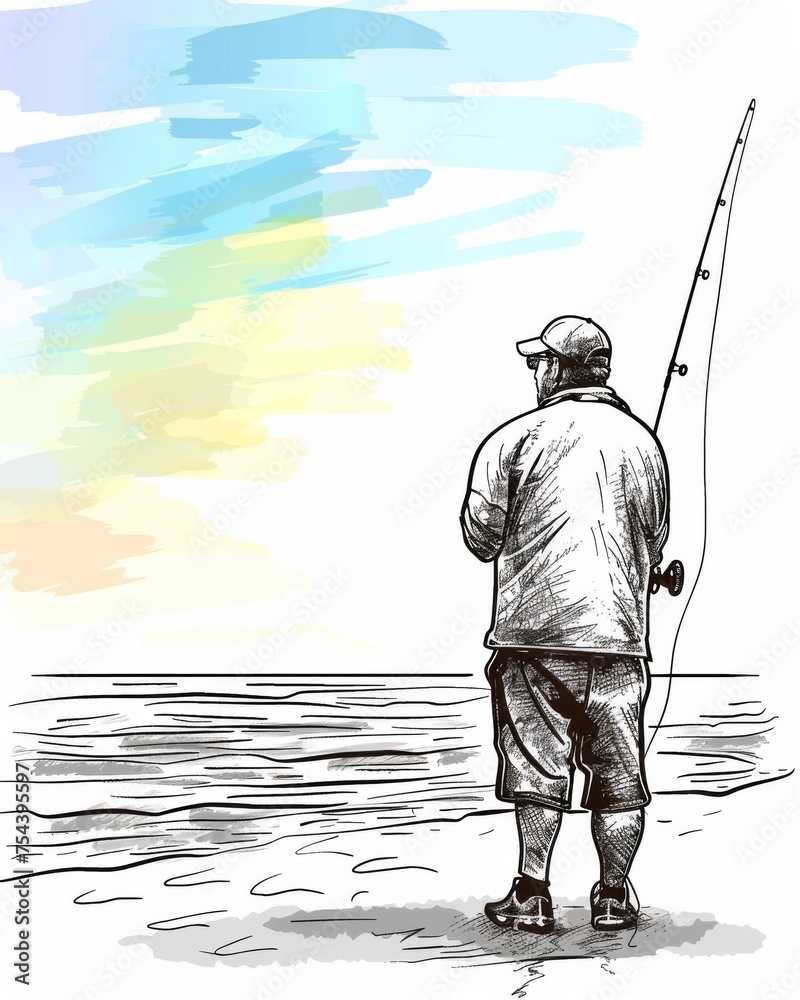 A drawing of a fisherman, in one-line drawing, figure outline only ...