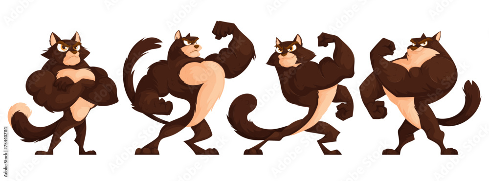 Set of Four strong and muscular cats posing. A brutal brown cat with an ...