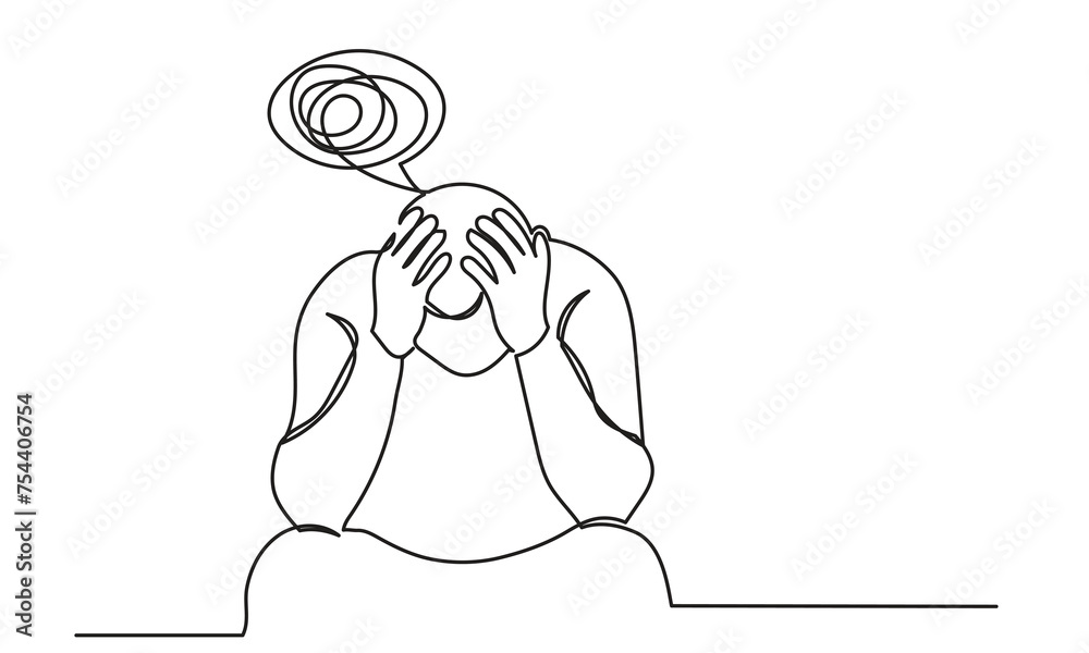Continuous line drawings of a young man's depression sad emotional ...