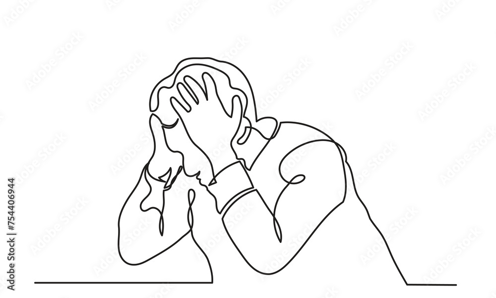 Continuous line drawings of a young man's depression sad emotional ...