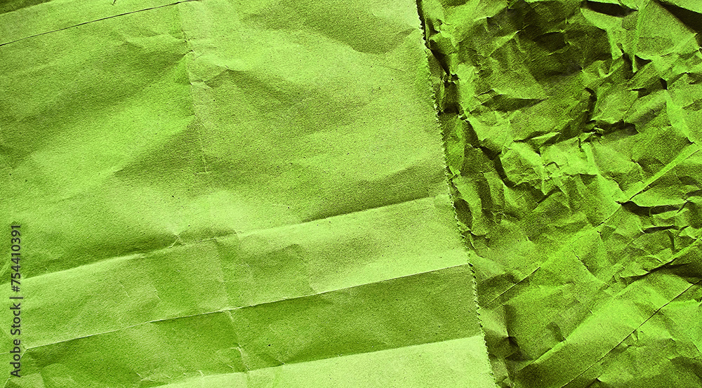 close up texture of green crumpled or torn old craft paper use as ...