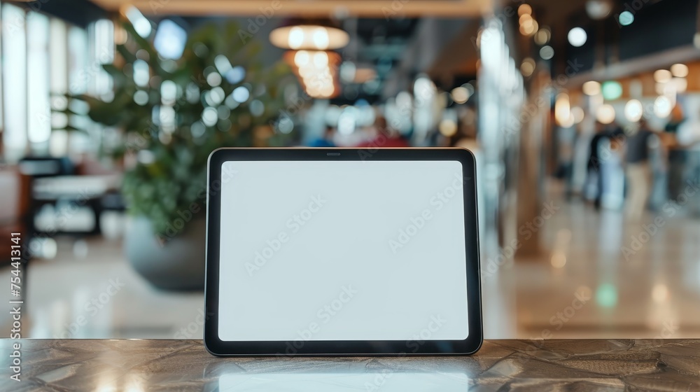 A sleek digital display stands prominently on a table in a public space ...