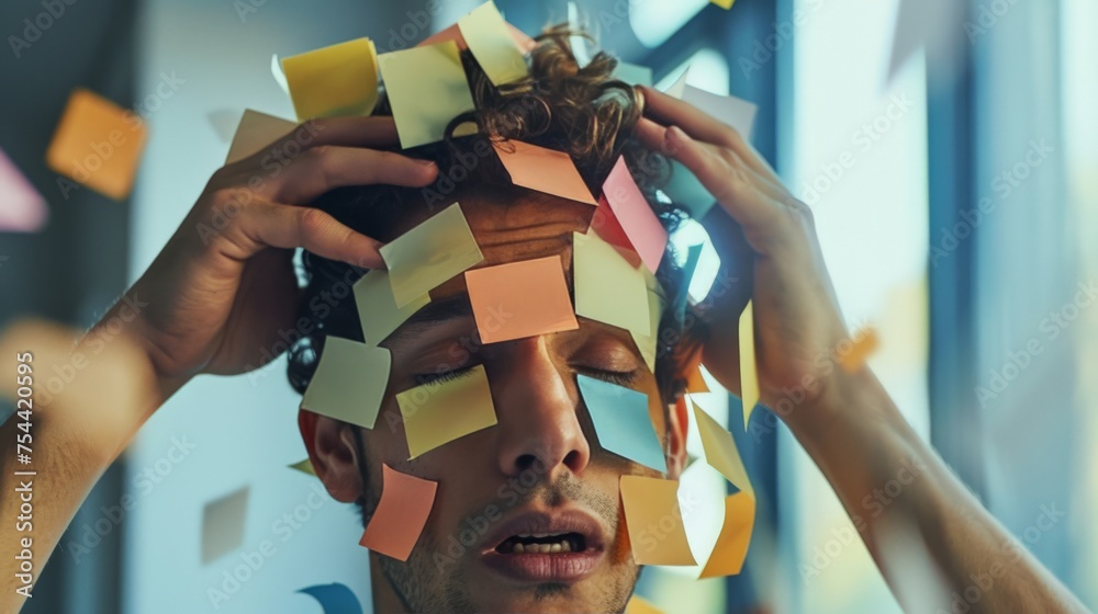 Man's face covered with todo post-it notes with hands grabbing hair on ...