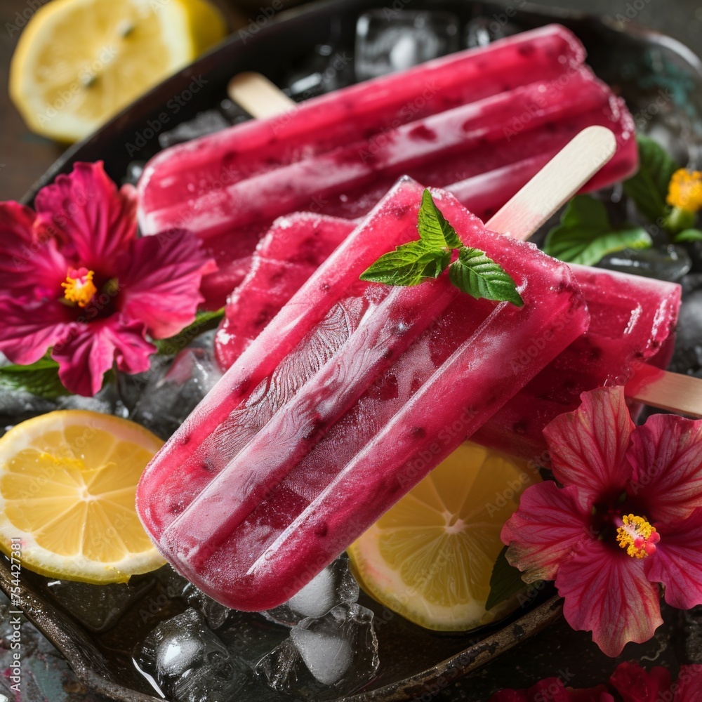 hibiscus-flavored popsicles on ice cubes with lime and hibiscus flowers ...