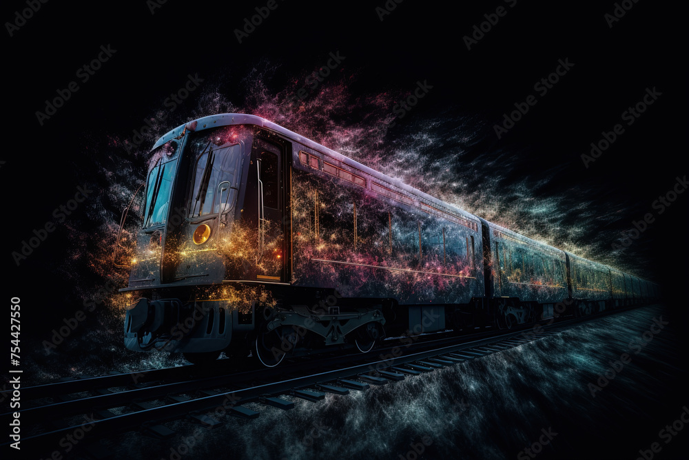 Surreal magic train in the astral space. Railway trip on the magic ...
