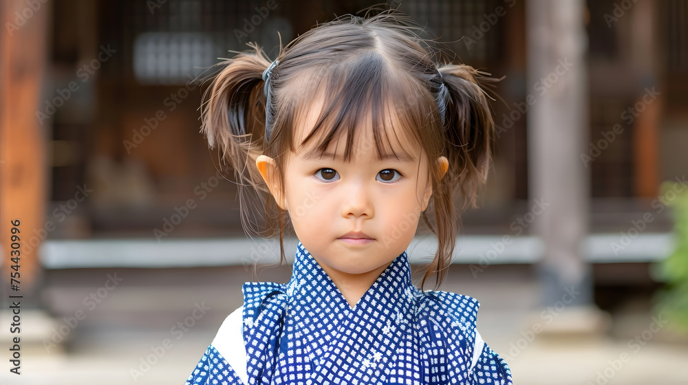 Serious toddler girl with cute pigtails wearing a blue checkered dress ...