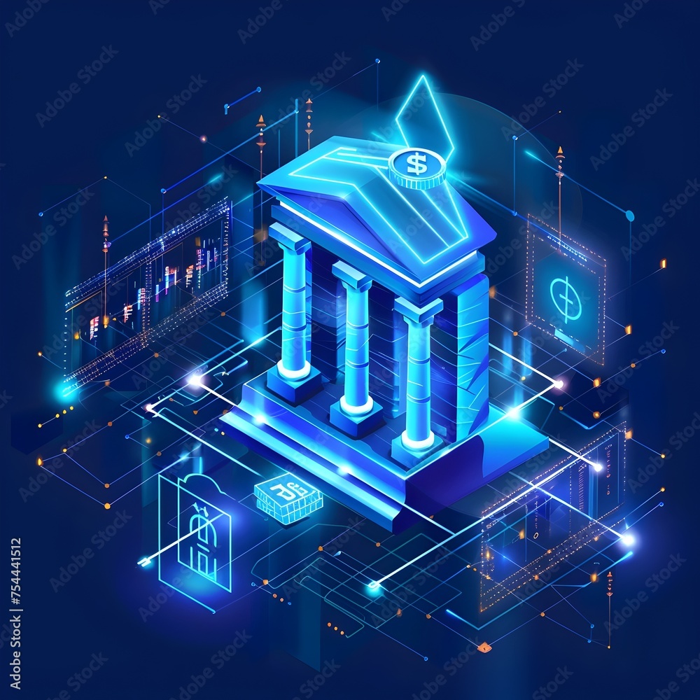 Futuristic Digital Bank Building with Blue Neon Light and Holographic ...
