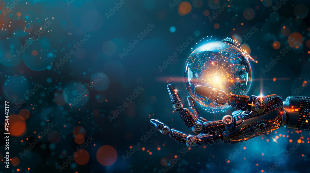 A robot hand holding a glowing orb that morphs into digital data ...