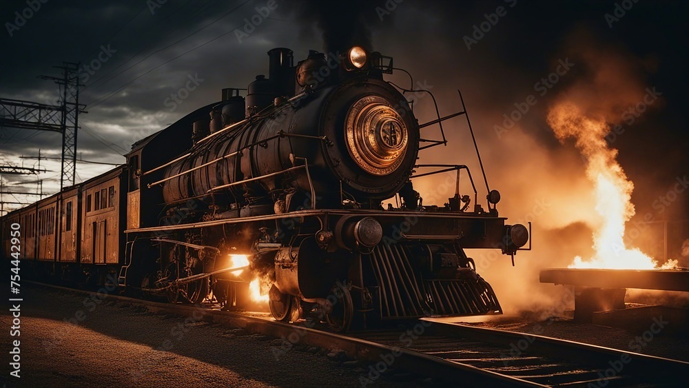 steam train in the night _A burning retro train, on fire, flames, that ...