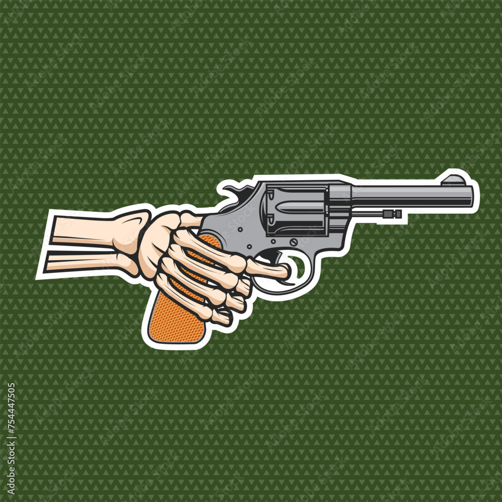 Skeleton hand holding gun shoting sticker, patch for clothing. Vector ...