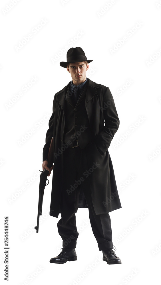 Handsome young gangster wearing outlaw cowboy black coat and holding a ...