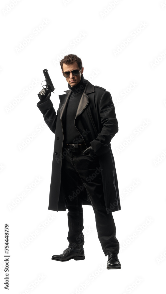 Tough mafioso gangster holding a gun in one hand and with his other ...