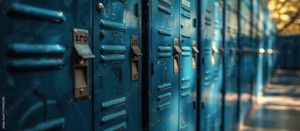 A close-up view of a row of blue metal lockers lined up next to each ...