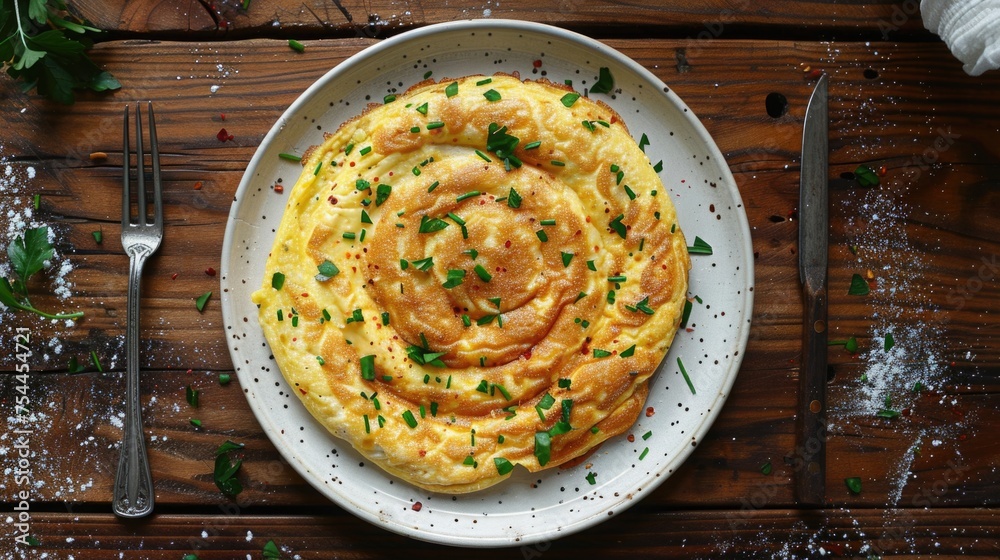 perfectly cooked tornado omelette on a pristine white plate, garnished ...