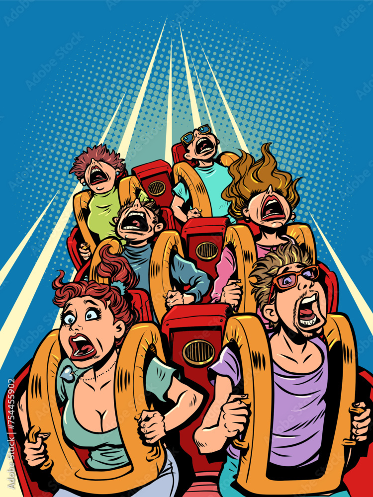 People scream and ride a roller coaster. Poster for amusement park and ...