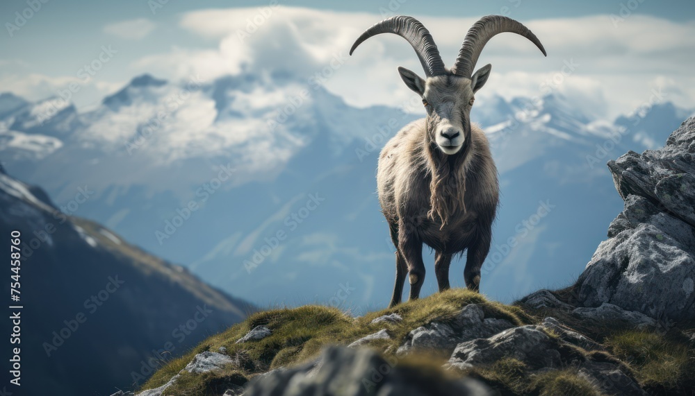 Fotka „A mountain goat, known as an Alpine Ibex, standing confidently ...