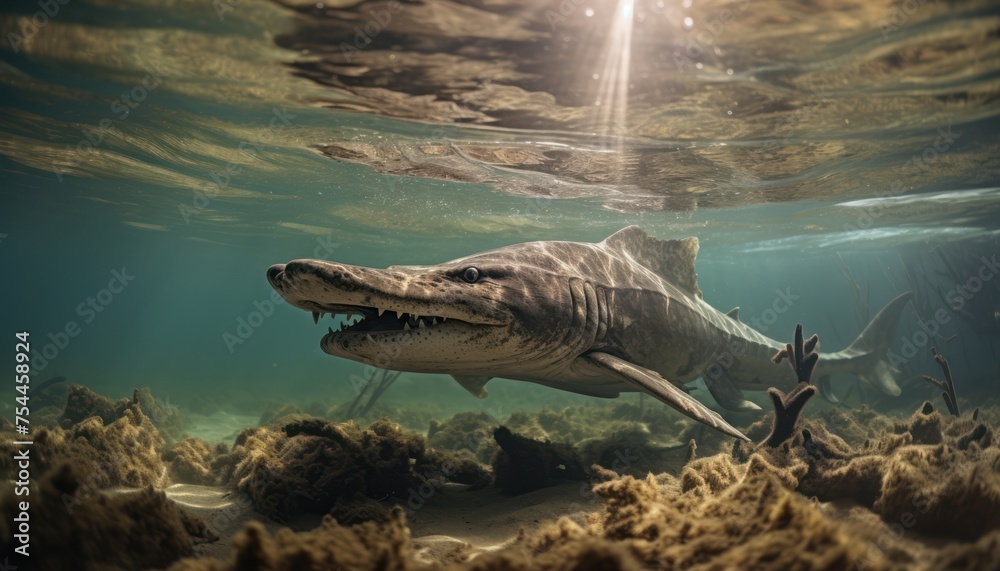 A Crocodile Shark swims gracefully in the ocean, showcasing its razor ...