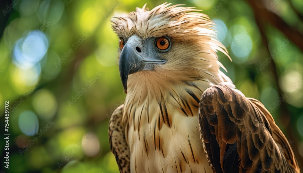 A close-up view of a Philippine Eagle perched on a tree branch ...