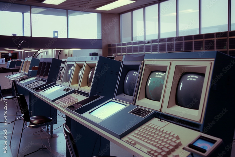 a vintage computer room with rows of old-fashioned monitors and ...
