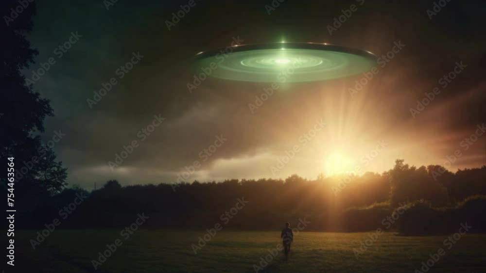 A man looks at a UFO or alien floating above a rice field in the clouds ...