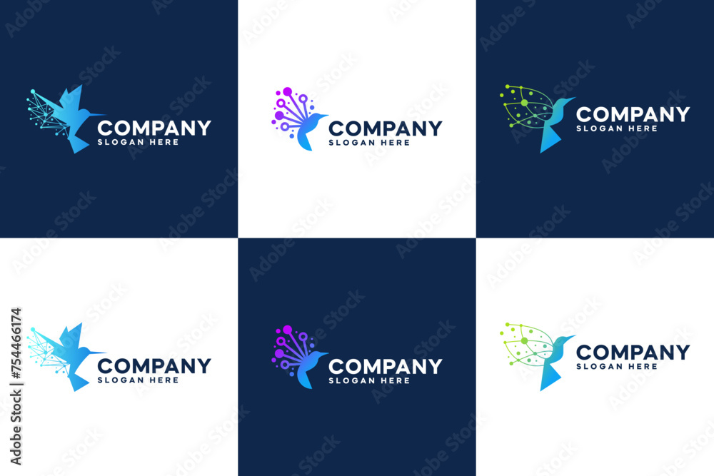set of bird tech logo , hummingbird , connection , innovation , logo ...