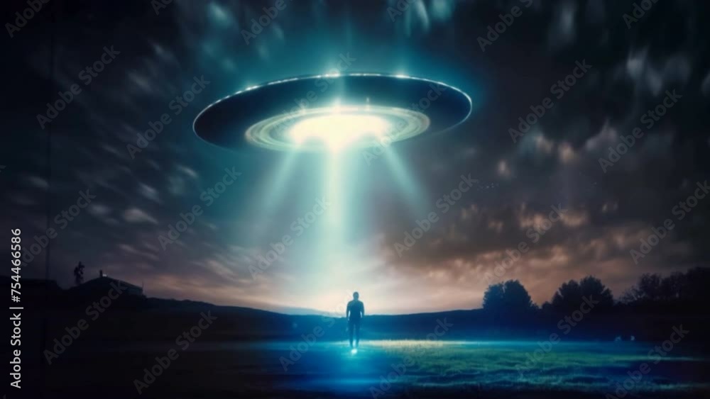 A man looks at a UFO or alien floating above a rice field in the clouds ...