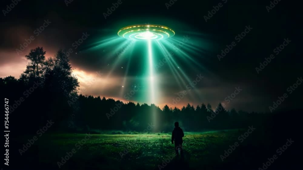 Vidéo Stock A man looks at a UFO or alien floating above a rice field ...