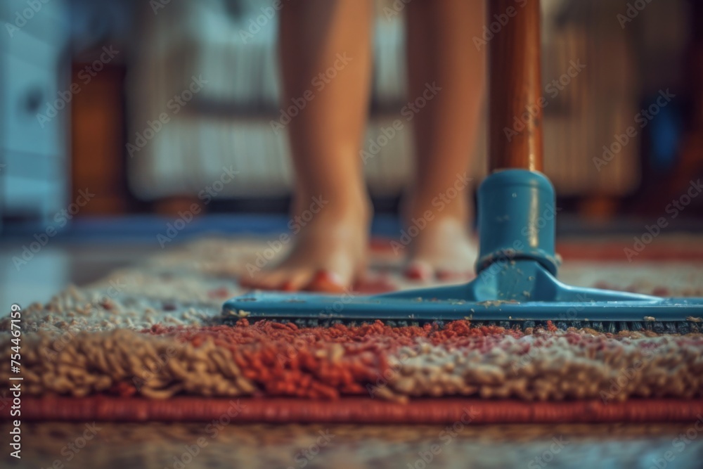Close-up of feet and mop cleaning rug - Human feet standing on a ...