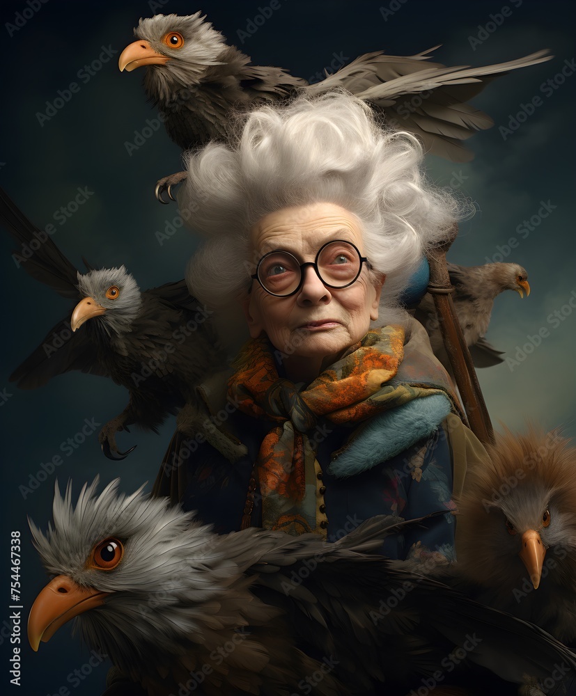 fantastic, elderly gray-haired grandmother rides and flies in a chariot ...