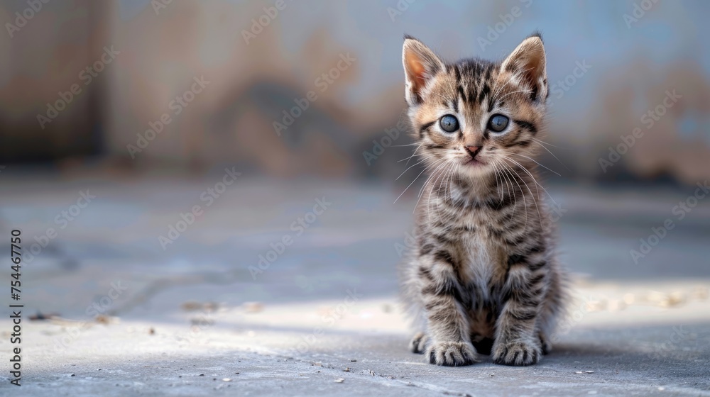 In focus, a little cute kitty with a message, a cuddly look begs for ...