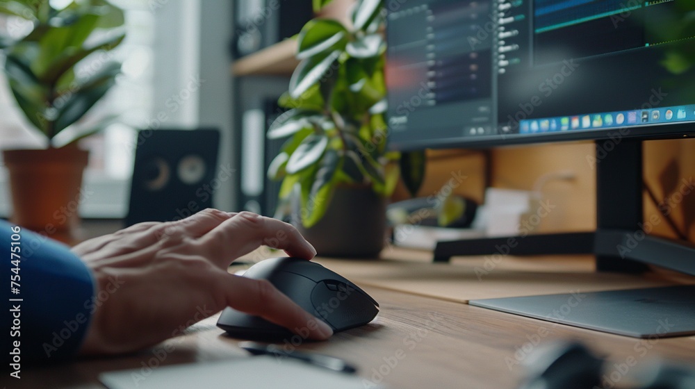 Hand reaching for a sleek, modern computer mouse on a clutter-free desk ...