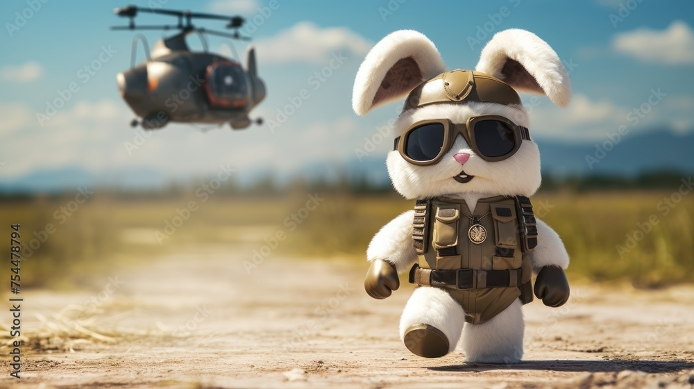 An animated rabbit in flight gear walks away from a helicopter taking ...